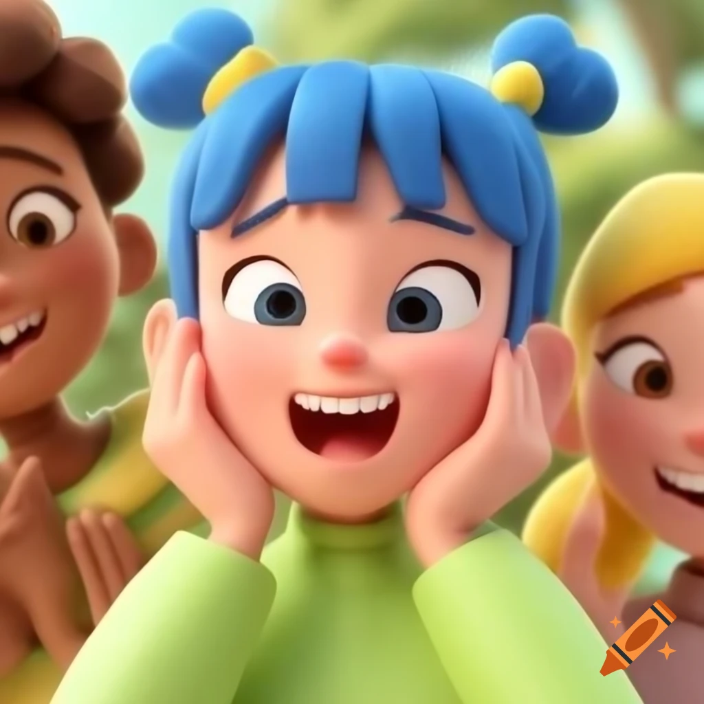 Cheerful character Joy Glidi, small and round-headed, enjoying the ...