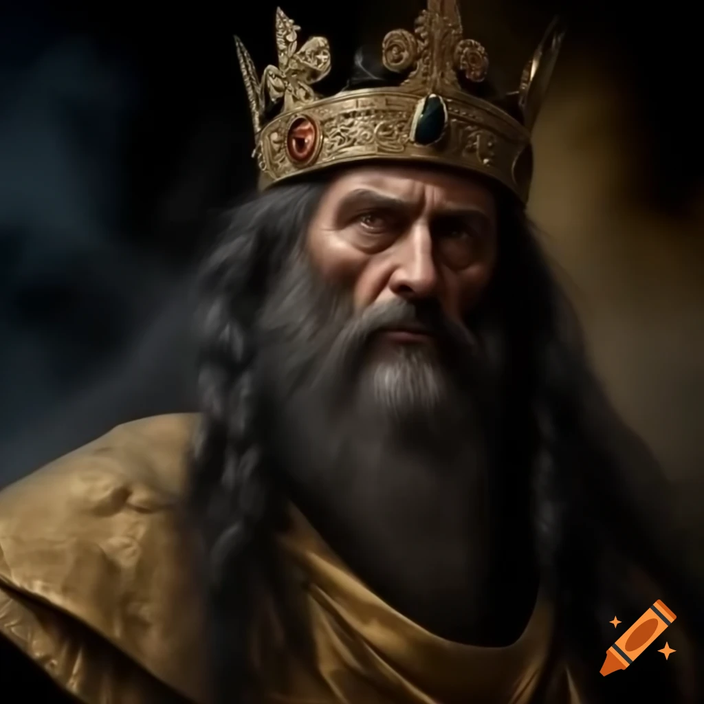 Regal king in tattered gold robe with cunning expression on Craiyon