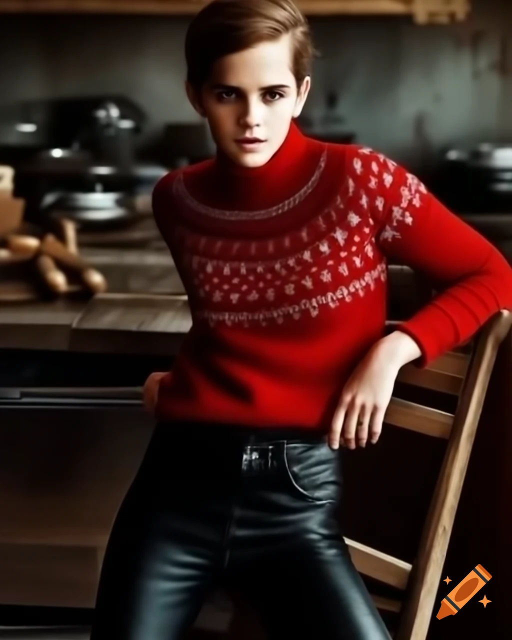 British actress Emma Watson in red Icelandic pattern sweater and black ...