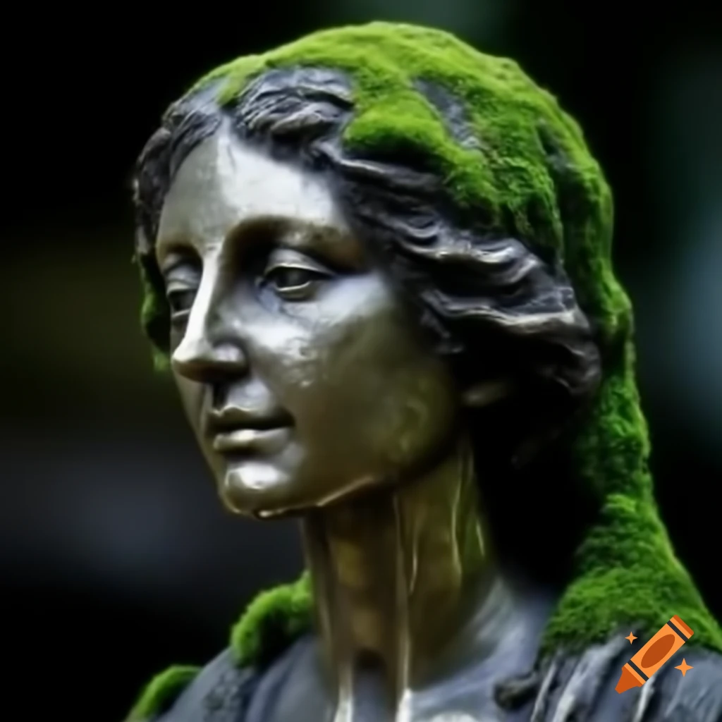 Close-up of ancient moss-covered metal statue with intricate details on ...