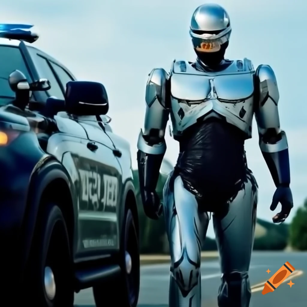 1987 Robocop next to police SUV on city road on Craiyon