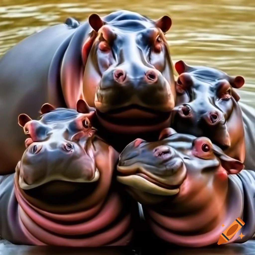 Troop of four hippopotamus huddled together on Craiyon