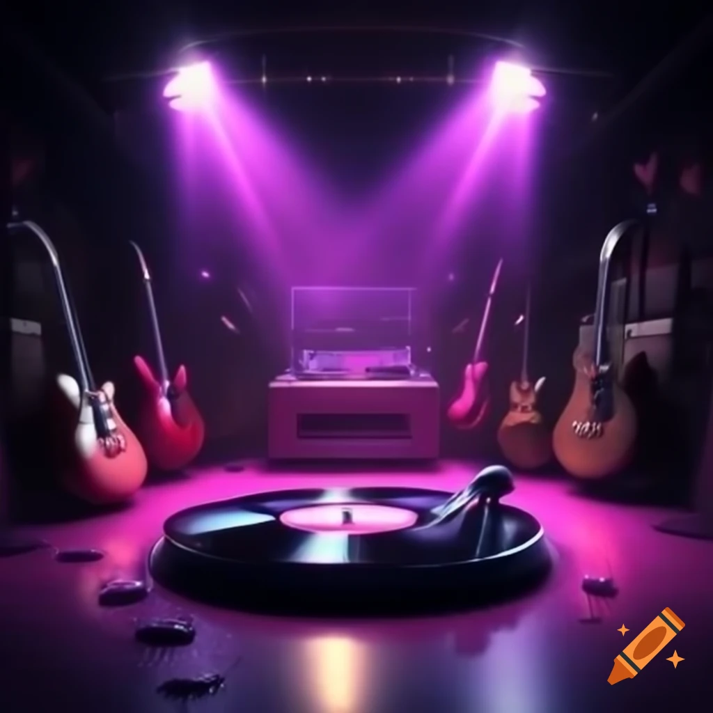 Vibrant album cover with floating vinyl record and radiant light beams ...