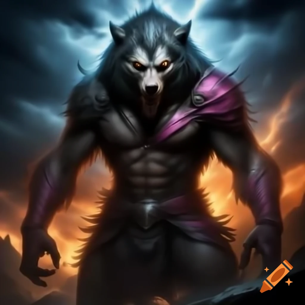 Werewolf in pink armor howling against thunderstorm, symbolizing power ...