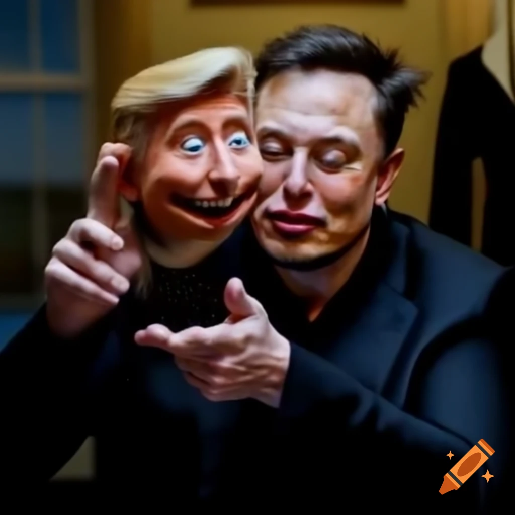 Elon Musk manipulating puppet resembling Donald Trump on Craiyon