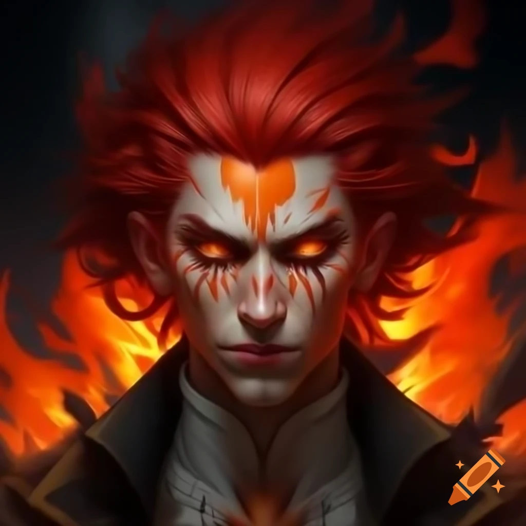 Photorealistic fantasy man with fiery red hair and orange face markings ...