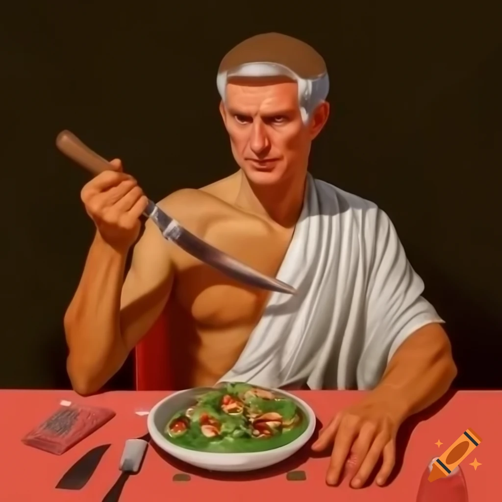 Modern artistic interpretation of Julius Caesar with Caesar salad in a ...