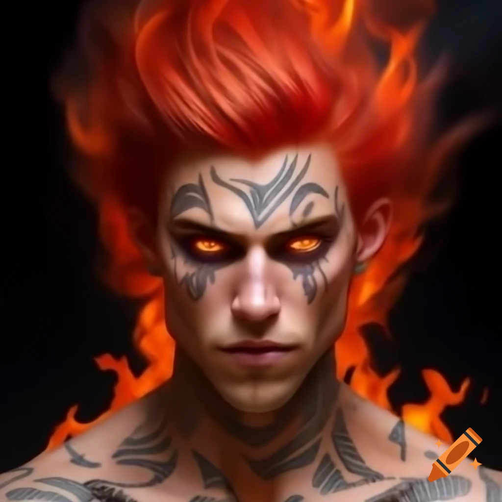 Photorealistic fantasy man with fiery red hair and glowing orange ...