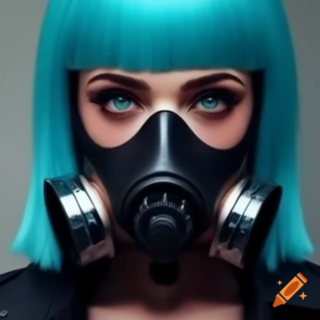 Turquoise-haired woman in stylish black gas mask on Craiyon