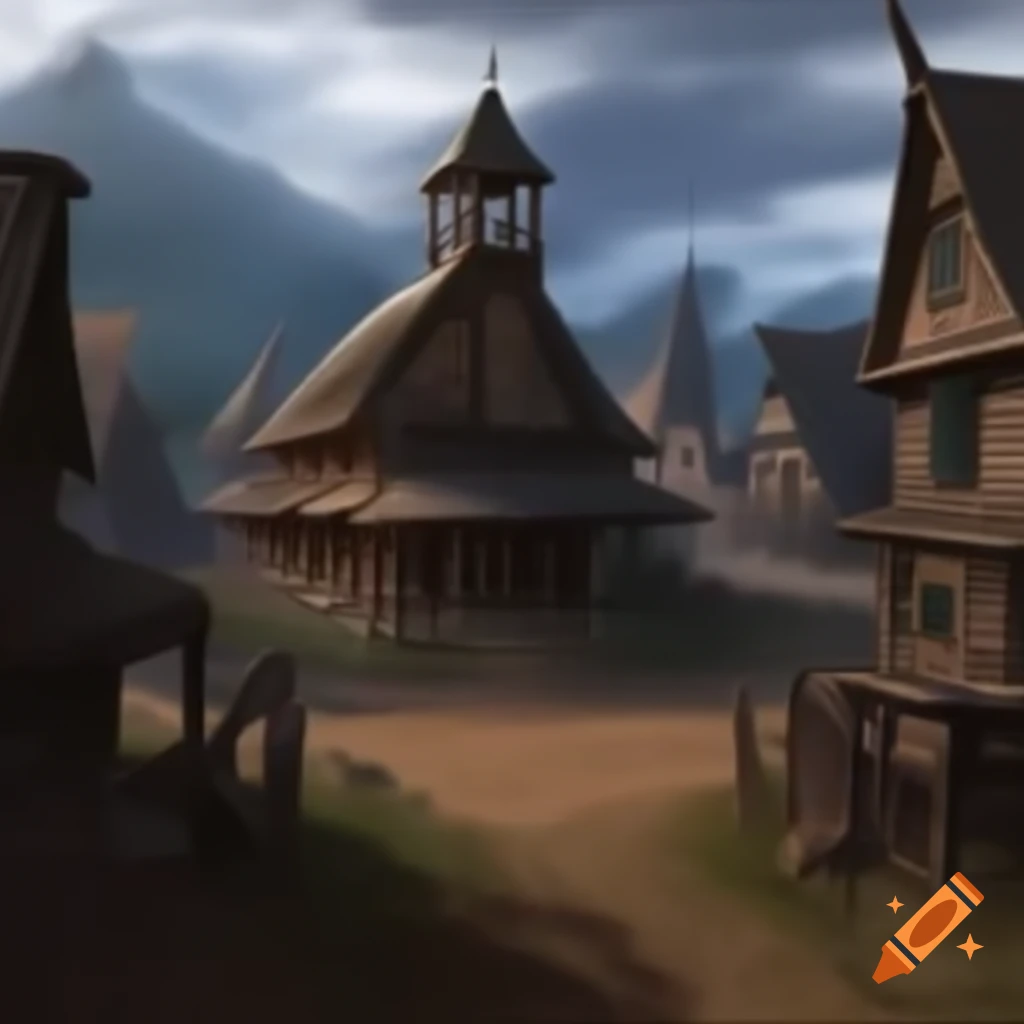 Frontier fantasy town hall with bell tower in village setting under ...