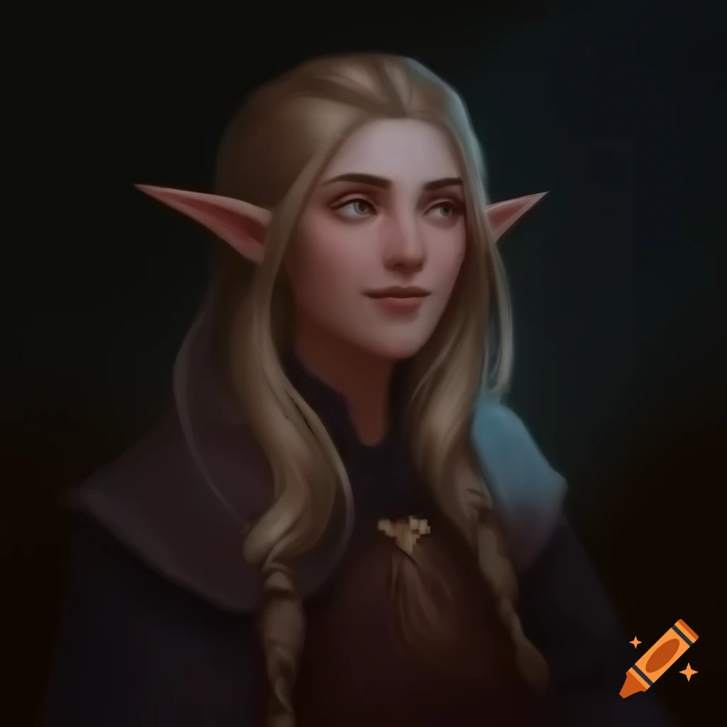 Serene elf cleric in contemplation with calm gaze and gentle smile on ...