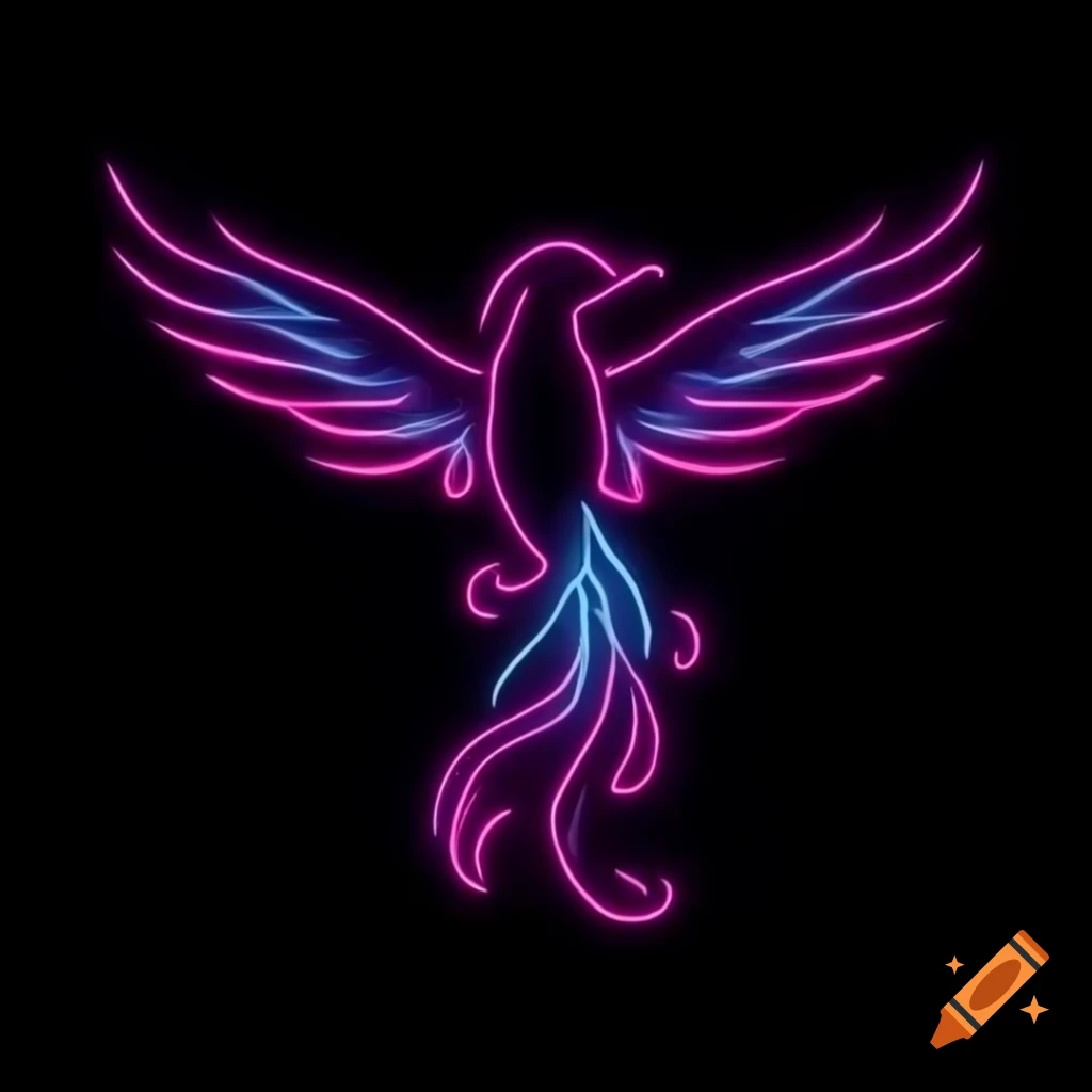 Minimalist neon phoenix illustration with rabbit motif and glowing neon ...