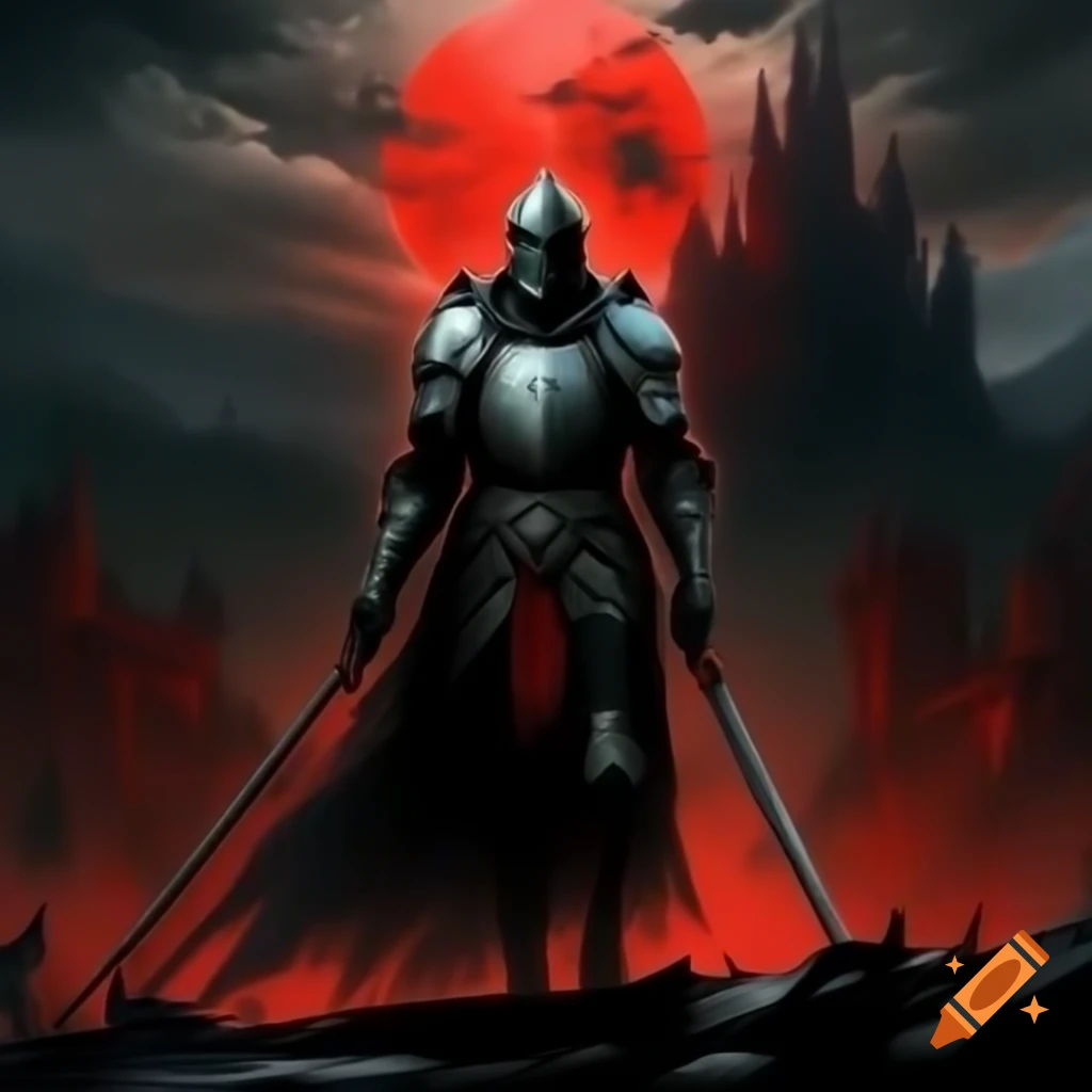 Silhouetted knight in black armor with red glow against blood-red ...
