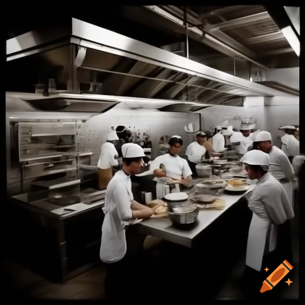 Busy industrial restaurant kitchen with chefs and food prep equipment ...