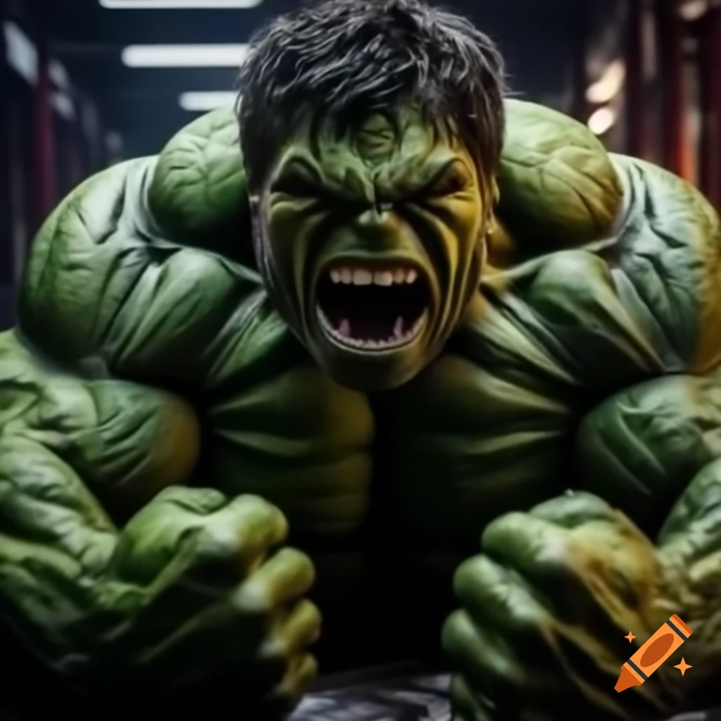 Hulk lifting immense weight in dramatic gym setting, showing muscle ...