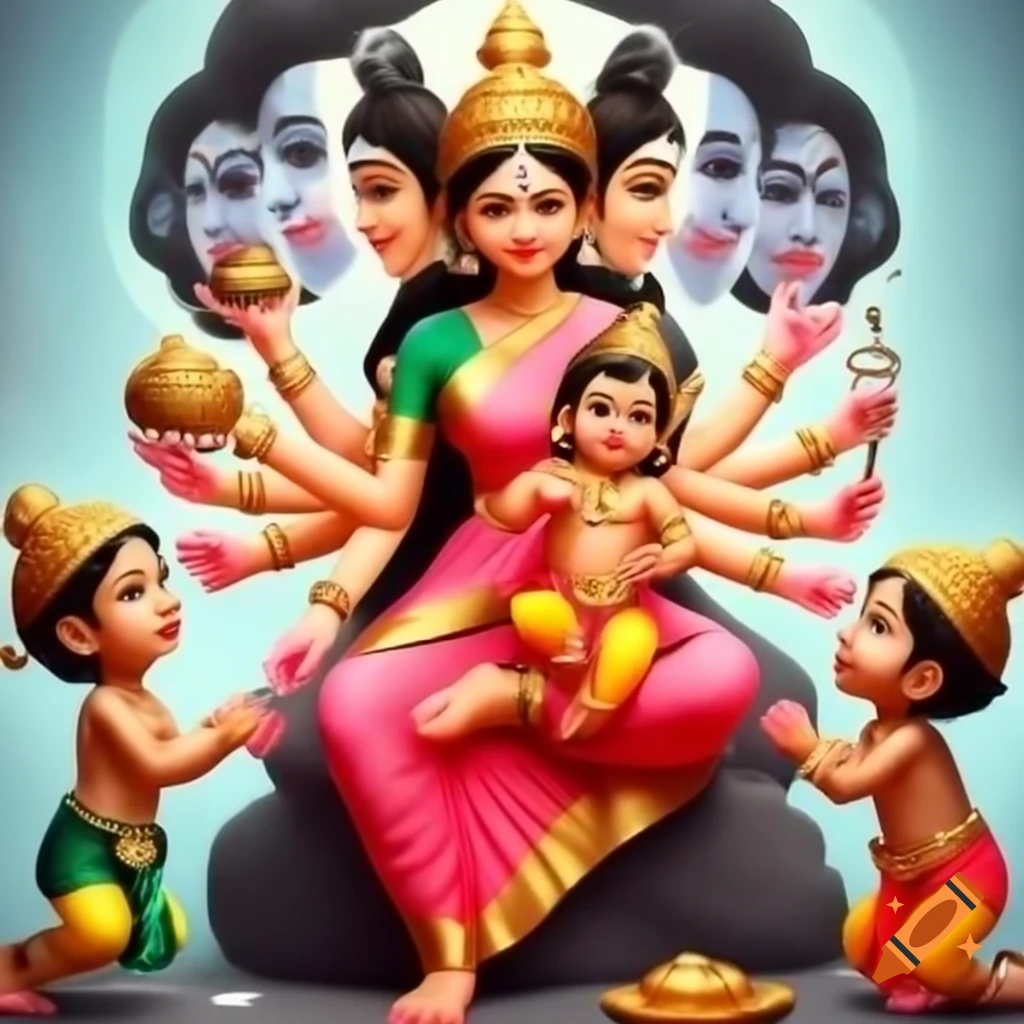 Hindu goddess surrounded by children, showcasing maternal love on Craiyon