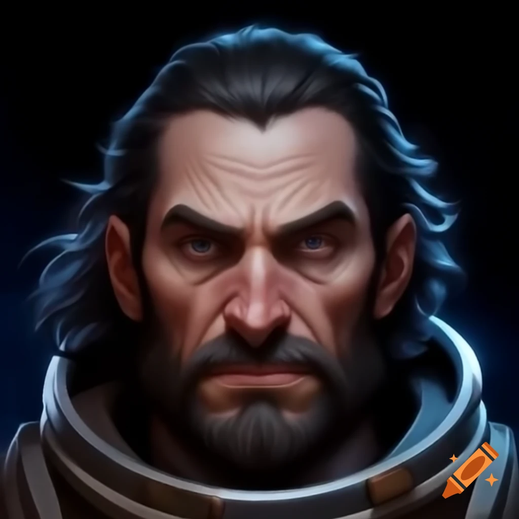 Headshot of a space wizard with dark wavy hair and worn space suit ...