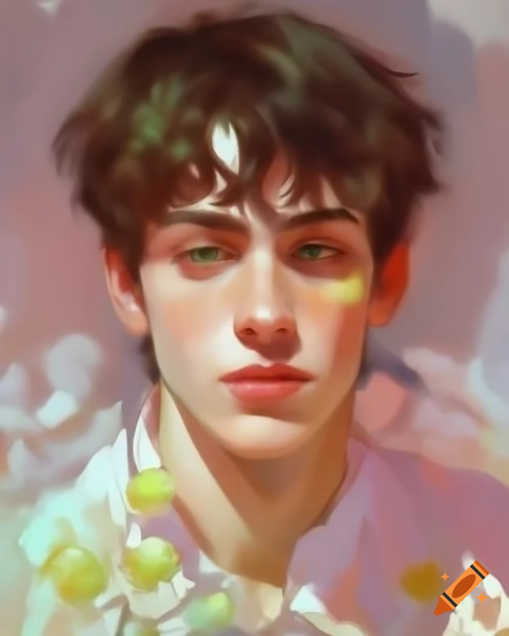 Pastel-hued Impressionistic portrait of androgynous male figure with ...