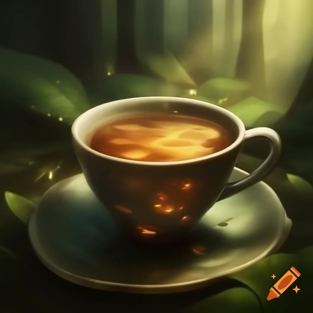 Giant cup of hot tea in magical forest with fantasy characters on Craiyon