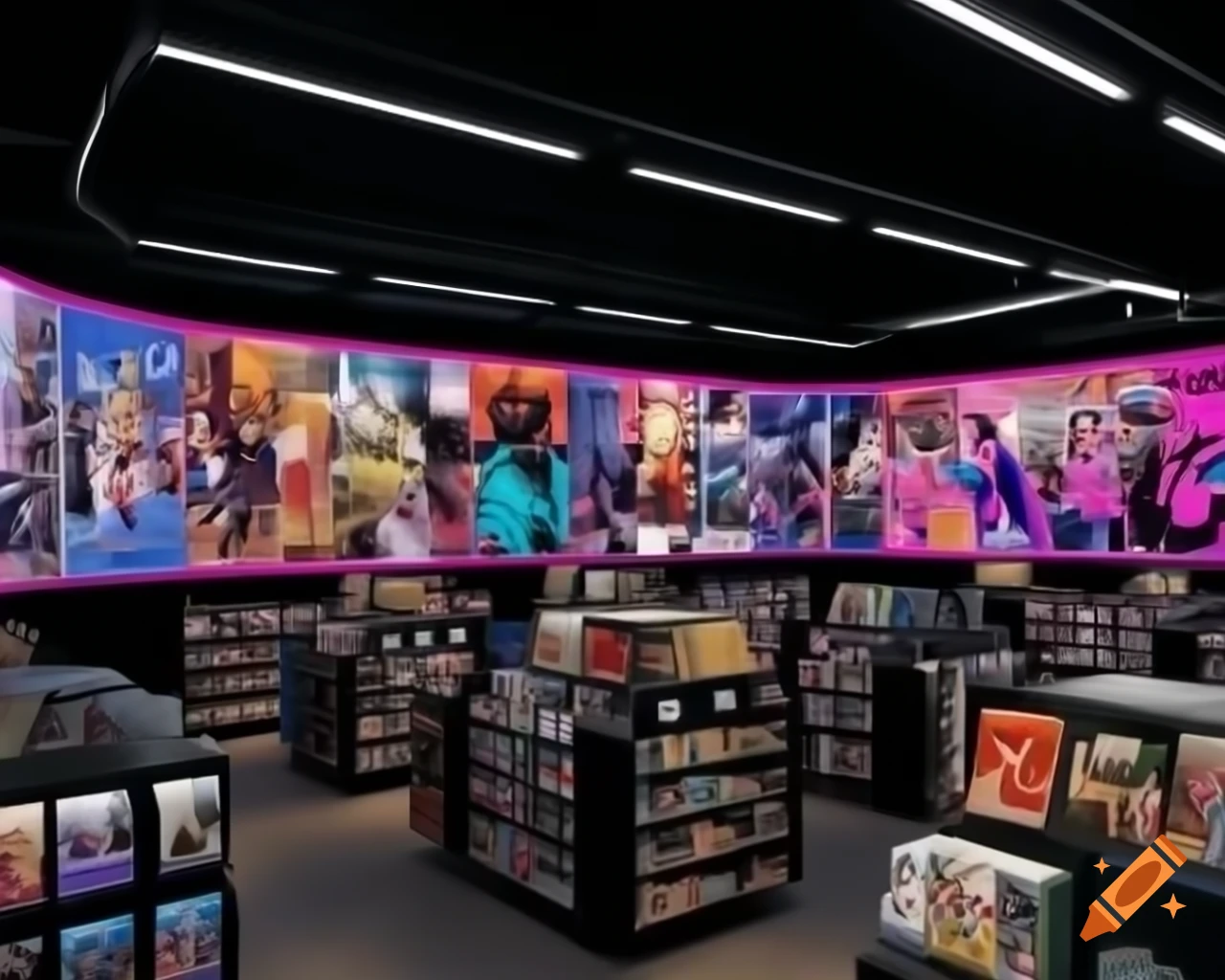 Vibrant banner for geek store with neon signs and shelves of manga and ...