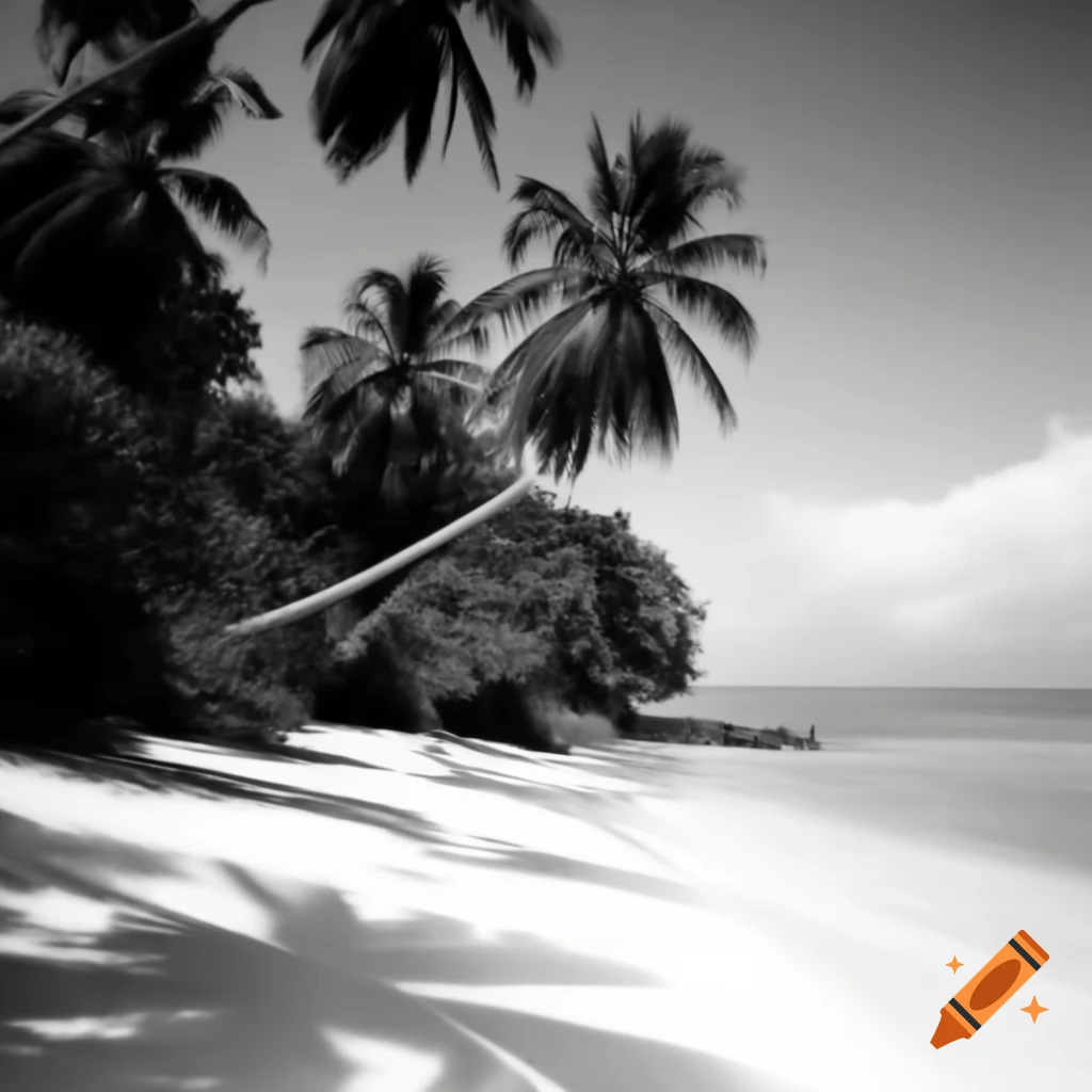 2000s black and white ps2 style tropical island beach resembling an old ...