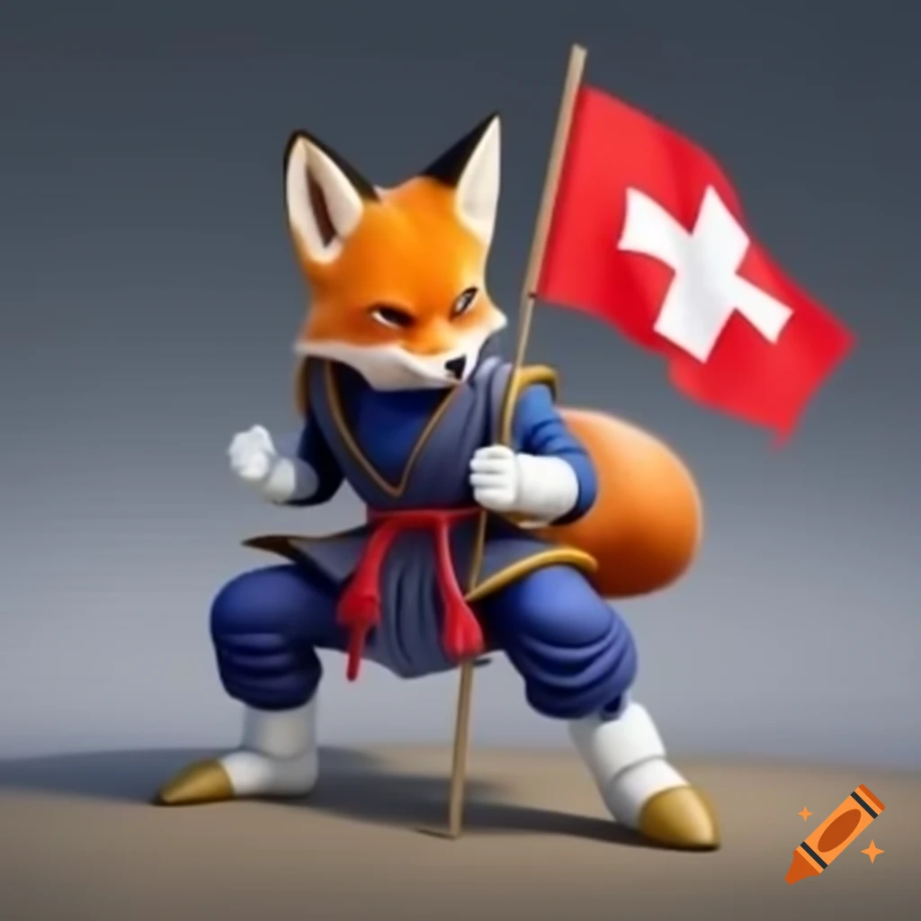 Red fox in Dragon Ball Z-style gi with Swiss flag, showcasing playful ...