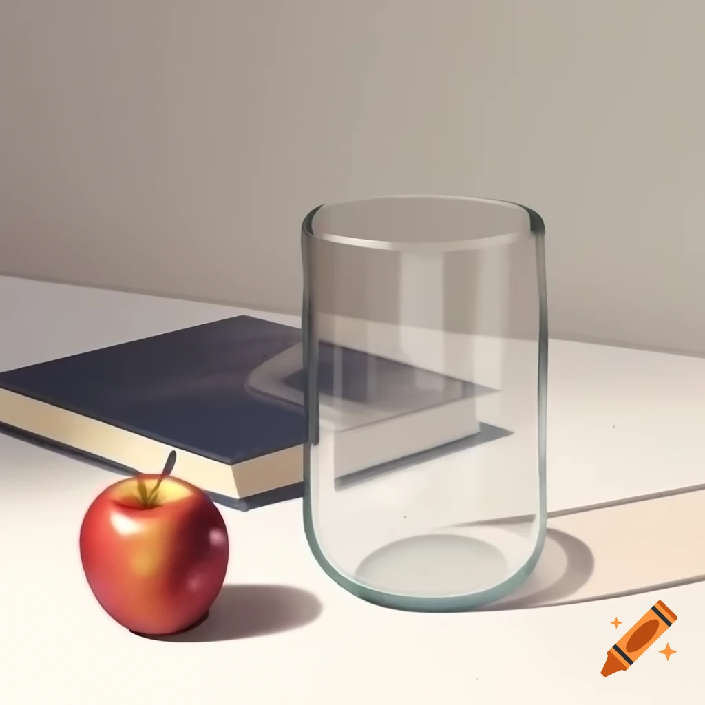 Drawing of an empty glass, a book, and an apple arranged together on ...