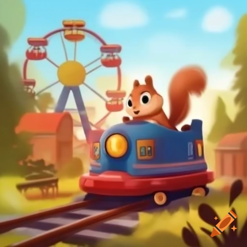 Squirrel enjoying rides on bumper cars and ferris wheel during train ...