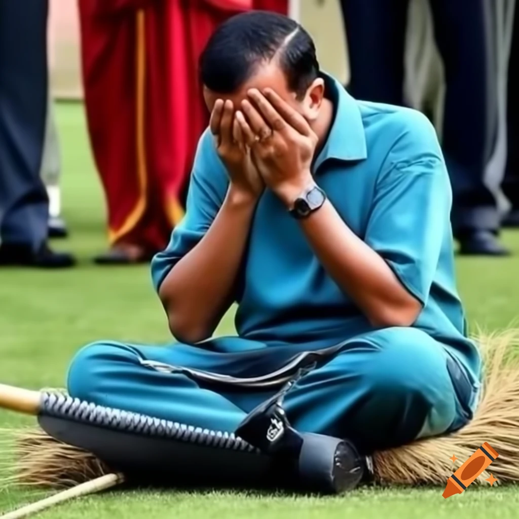 Arvind Kejriwal sitting on a broom with tears, illustrating emotion on ...