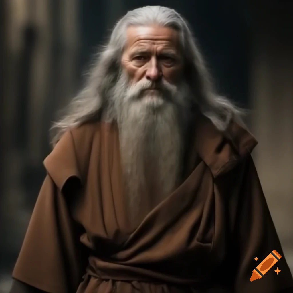Wise old monk with gray beard in tattered medieval robe on Craiyon