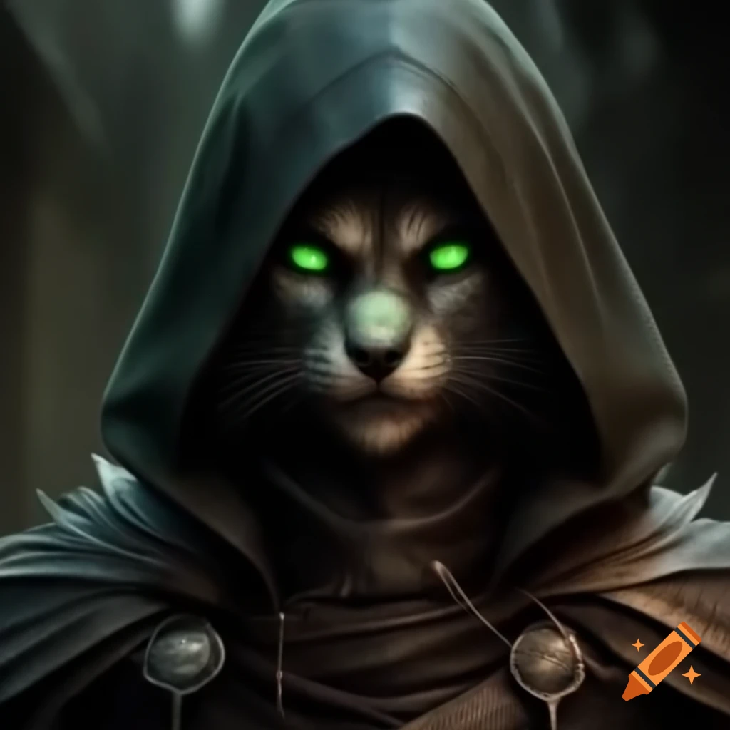 Shadowy Tabaxi rogue in a dungeon with emerald green eyes and leather ...