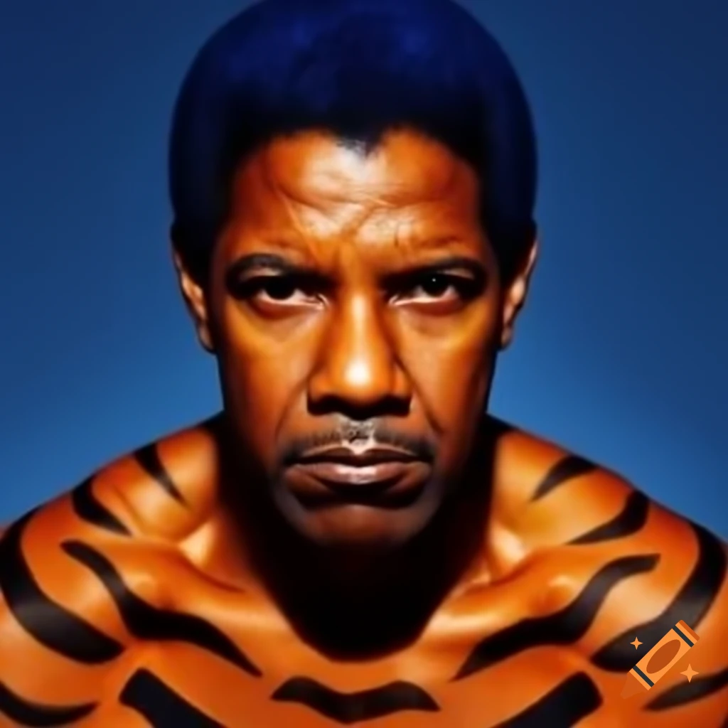 Muscular man with tiger-style makeup featuring blue hair and orange ...
