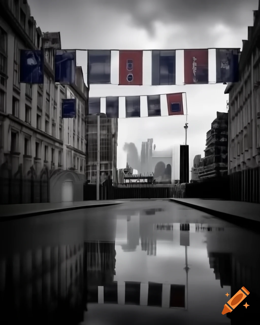 Greyscale london skyline with g20 flags, depicting a dystopian world ...