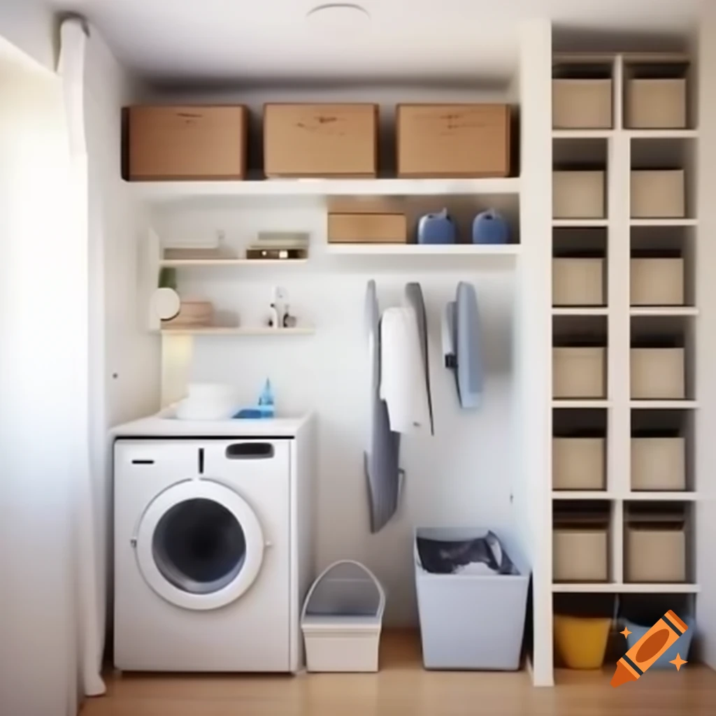 Interior laundry room designed under stairs with washing machine and ...
