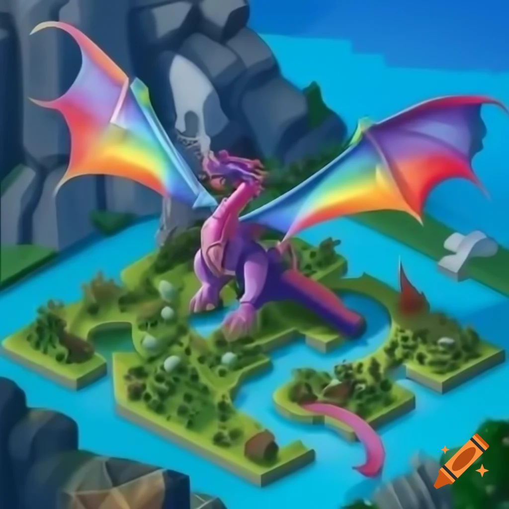 Majestic rainbow dragon in isometric style soaring through fantastical ...