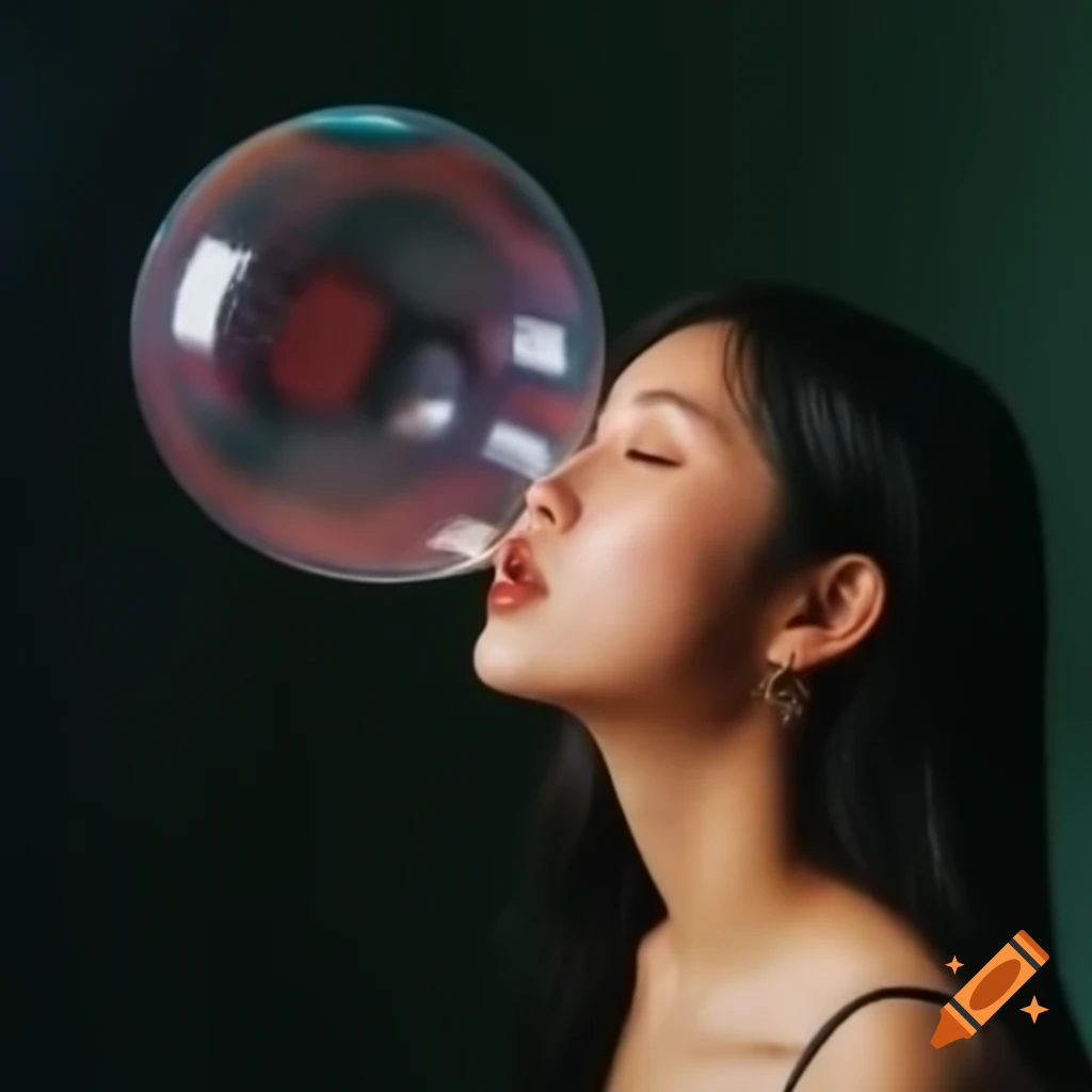 Young asian woman interacting with a dusty soap bubble on Craiyon