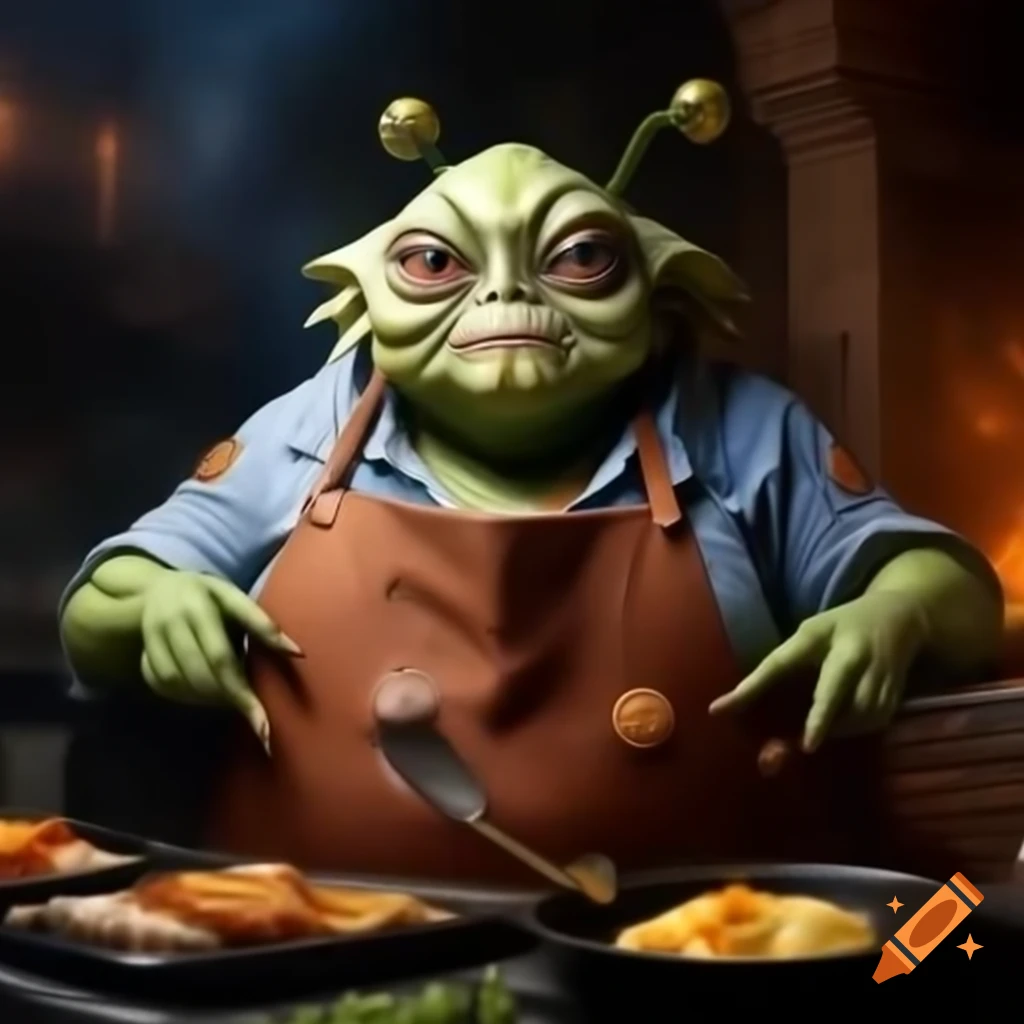 Overweight alien female with four arms in apron grilling with spatula ...