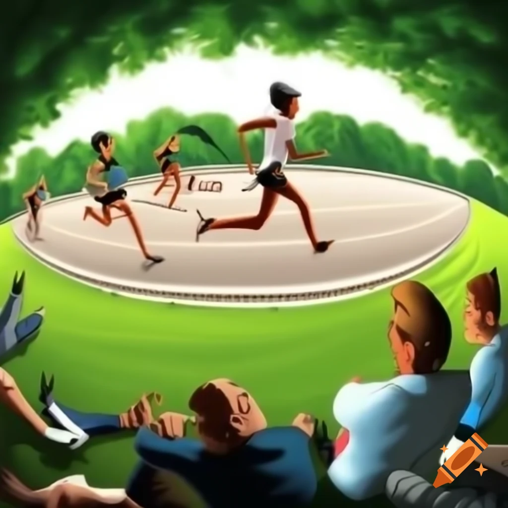 Fisheye illustration of three-person race in a park, one runner ...
