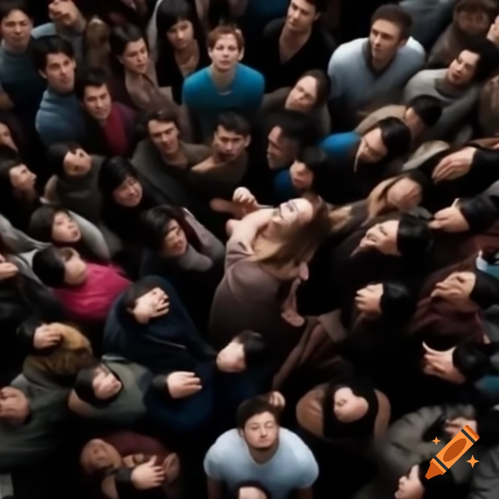 Crowd looking up from bird's eye view perspective on Craiyon
