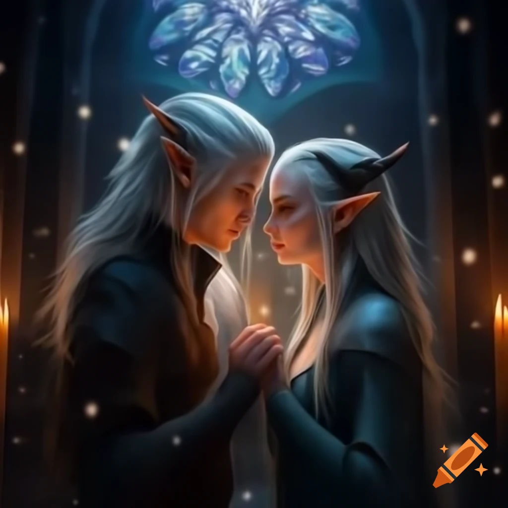 Elven couple sharing an intense gaze in illuminated cathedral with ...