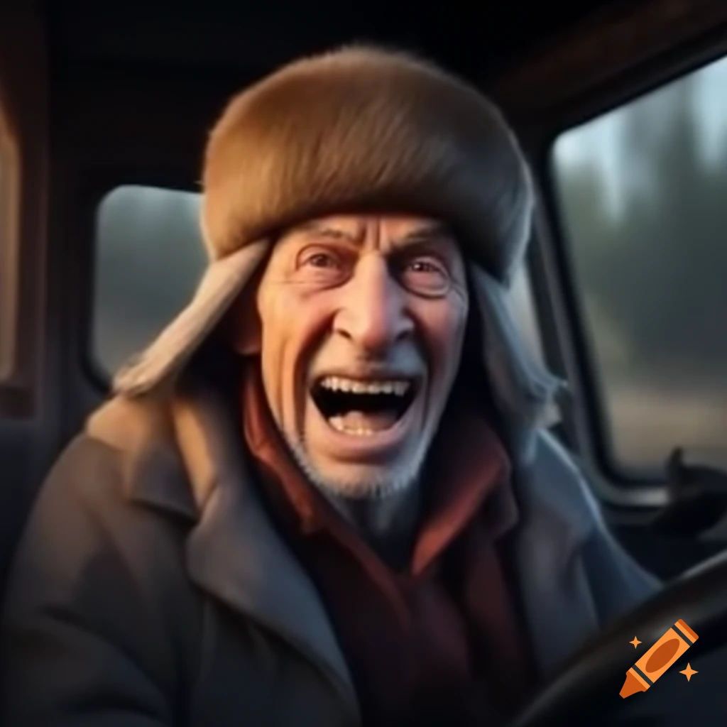 Eccentric old man truck driver in fur hat laughing on Craiyon