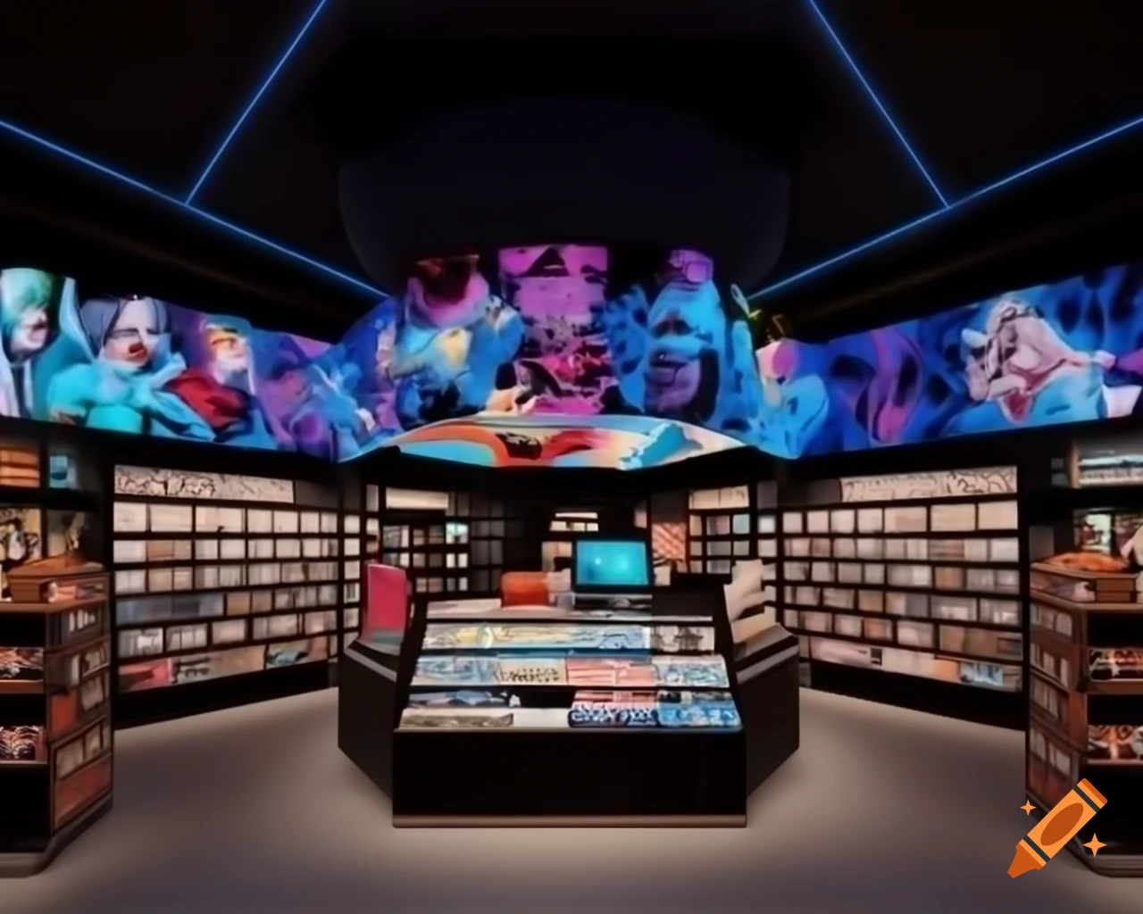 Vibrant banner for geek store with neon signs and shelves of manga and ...