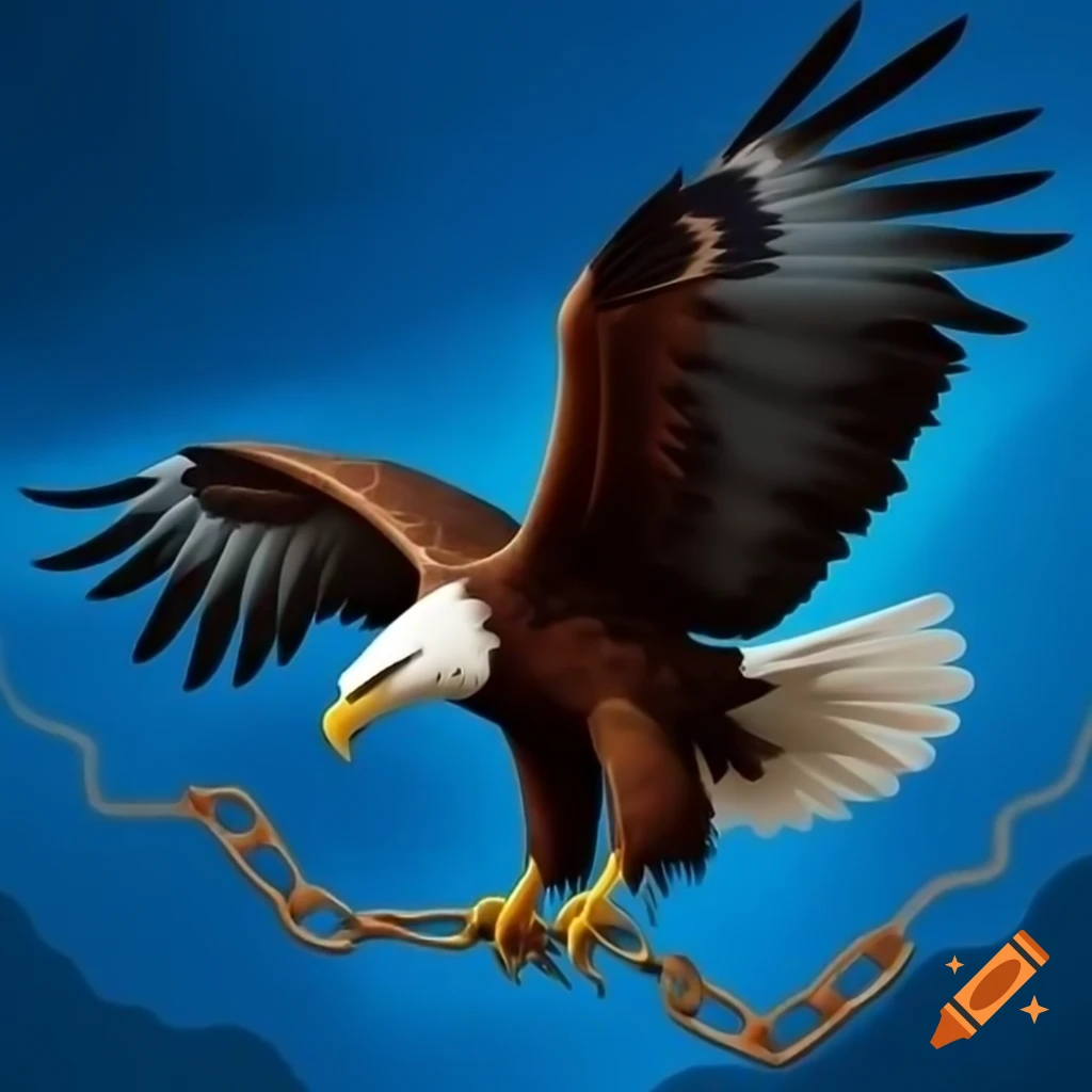Eagle in flight with broken chains against deep blue sky, 2D style on ...