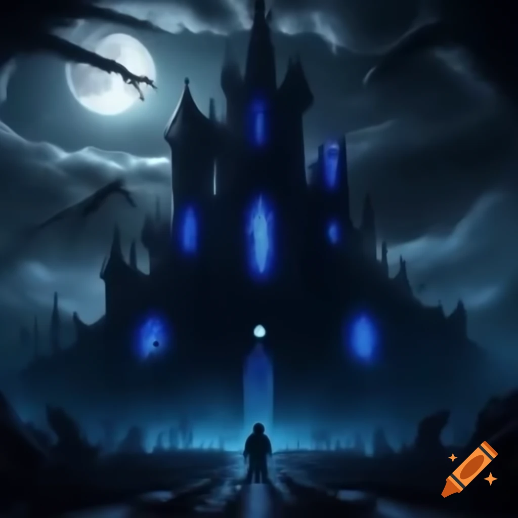 Sinister gothic castle with blue windows under full moon, skeleton ...