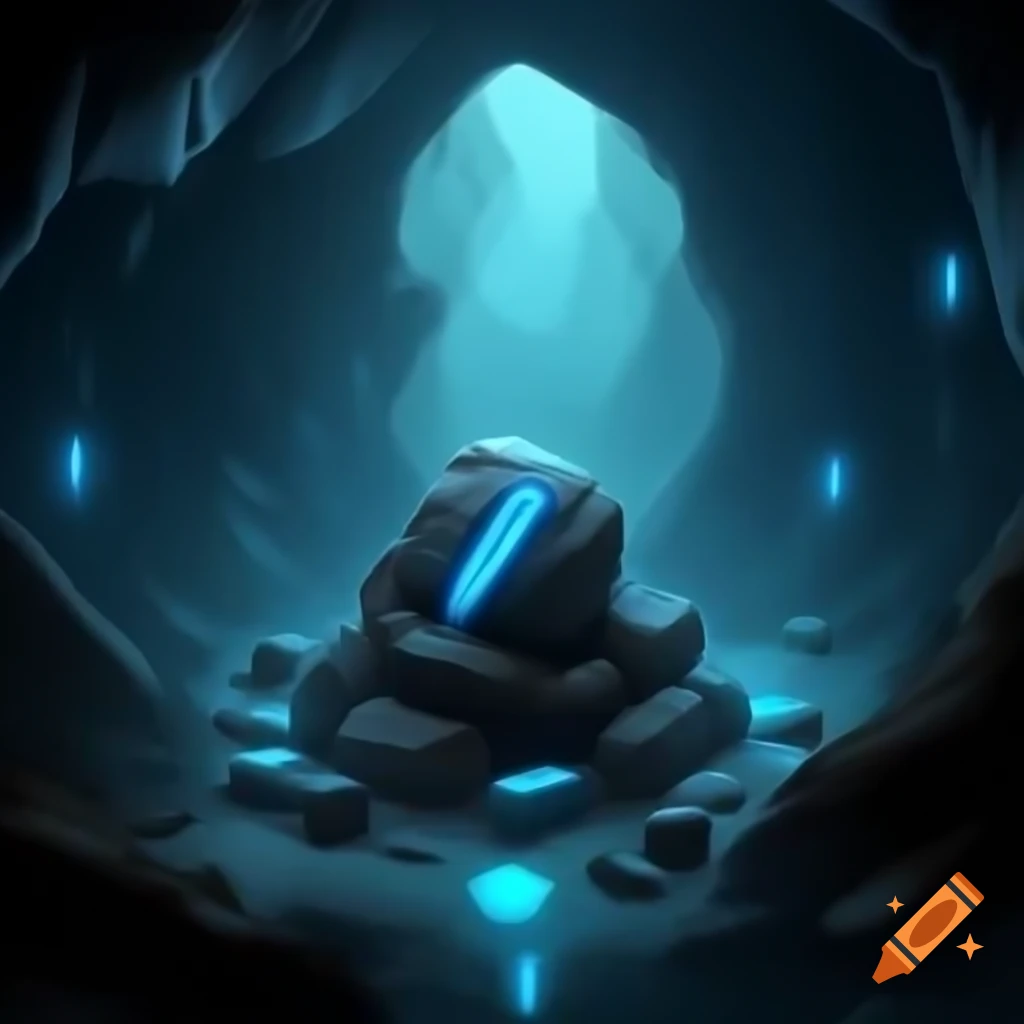 Ancient stone tablets with glowing blue runes in mystical cave ...