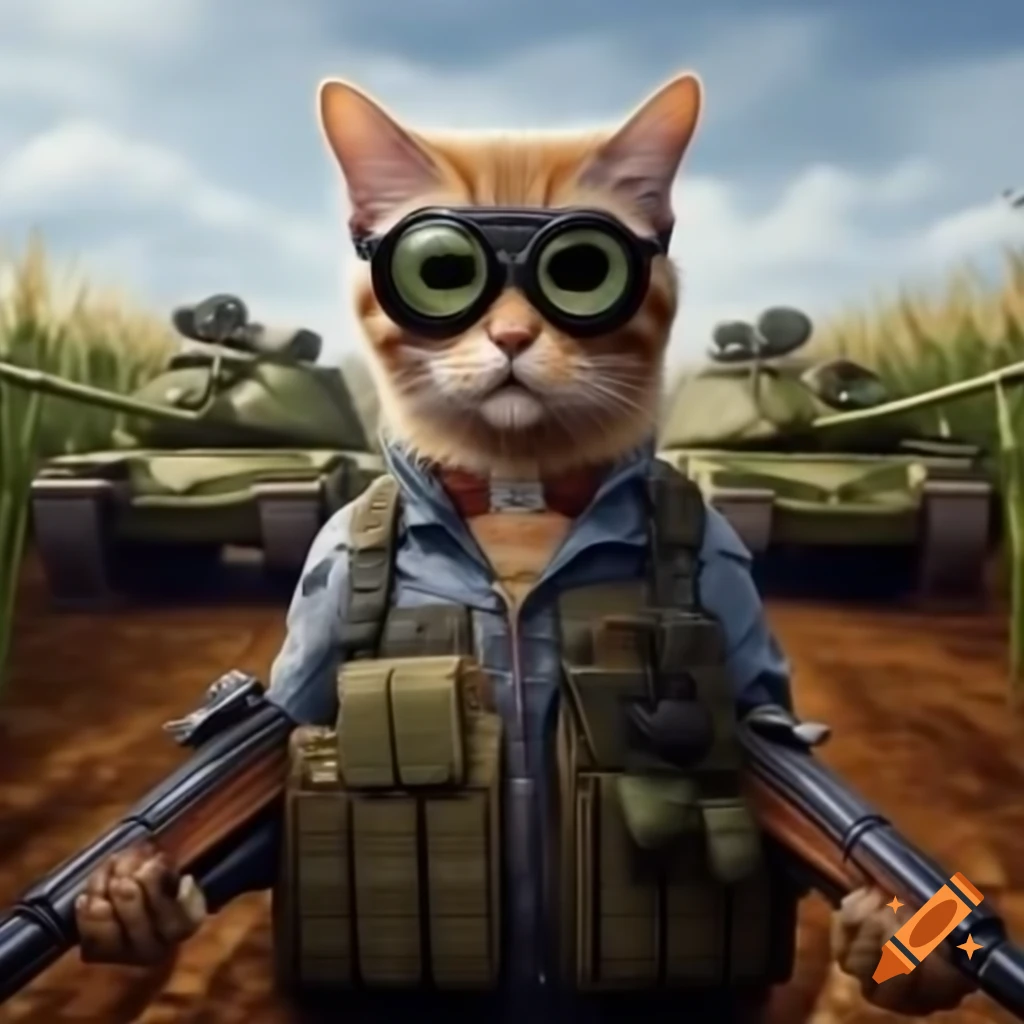 Cat in aviator glasses equipped with guns in corn field with tanks on ...
