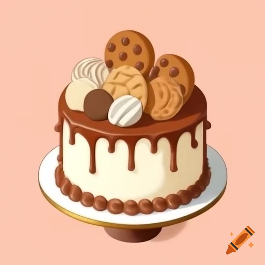 Cartoon style classic cake in white and caramel colors with cookie ...