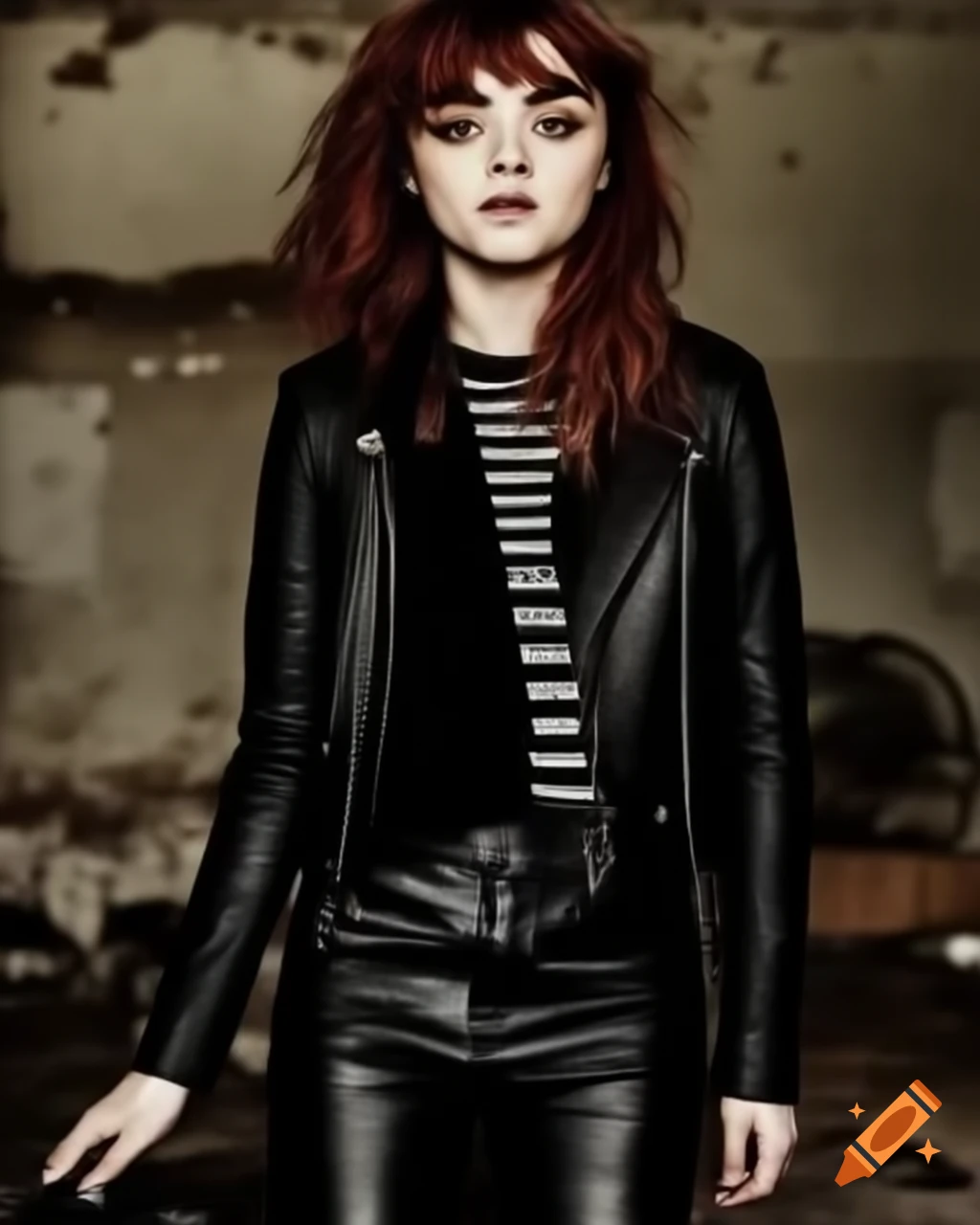 Punk-style portrait of British actress Maisie Williams in leather ...