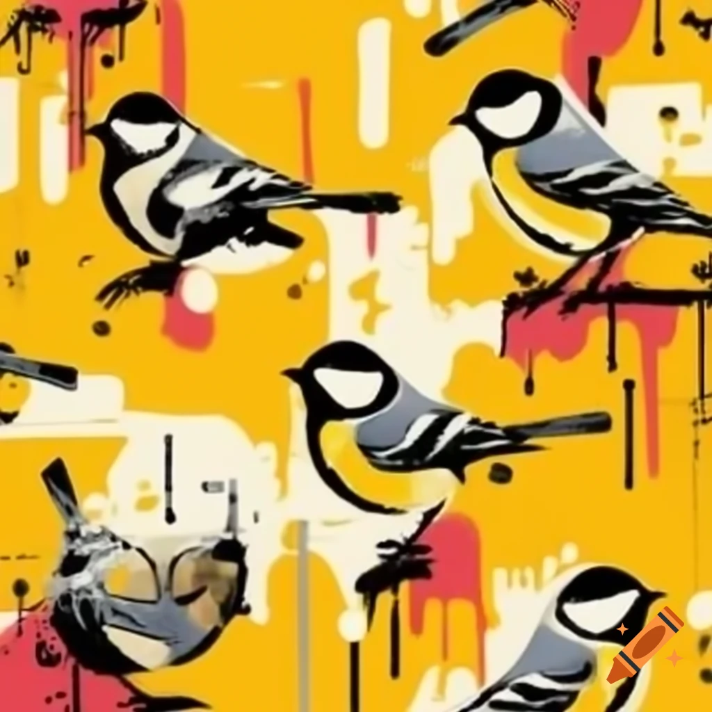 Vibrant blue tit birds in bold lines, minimalist graffiti poster style ...