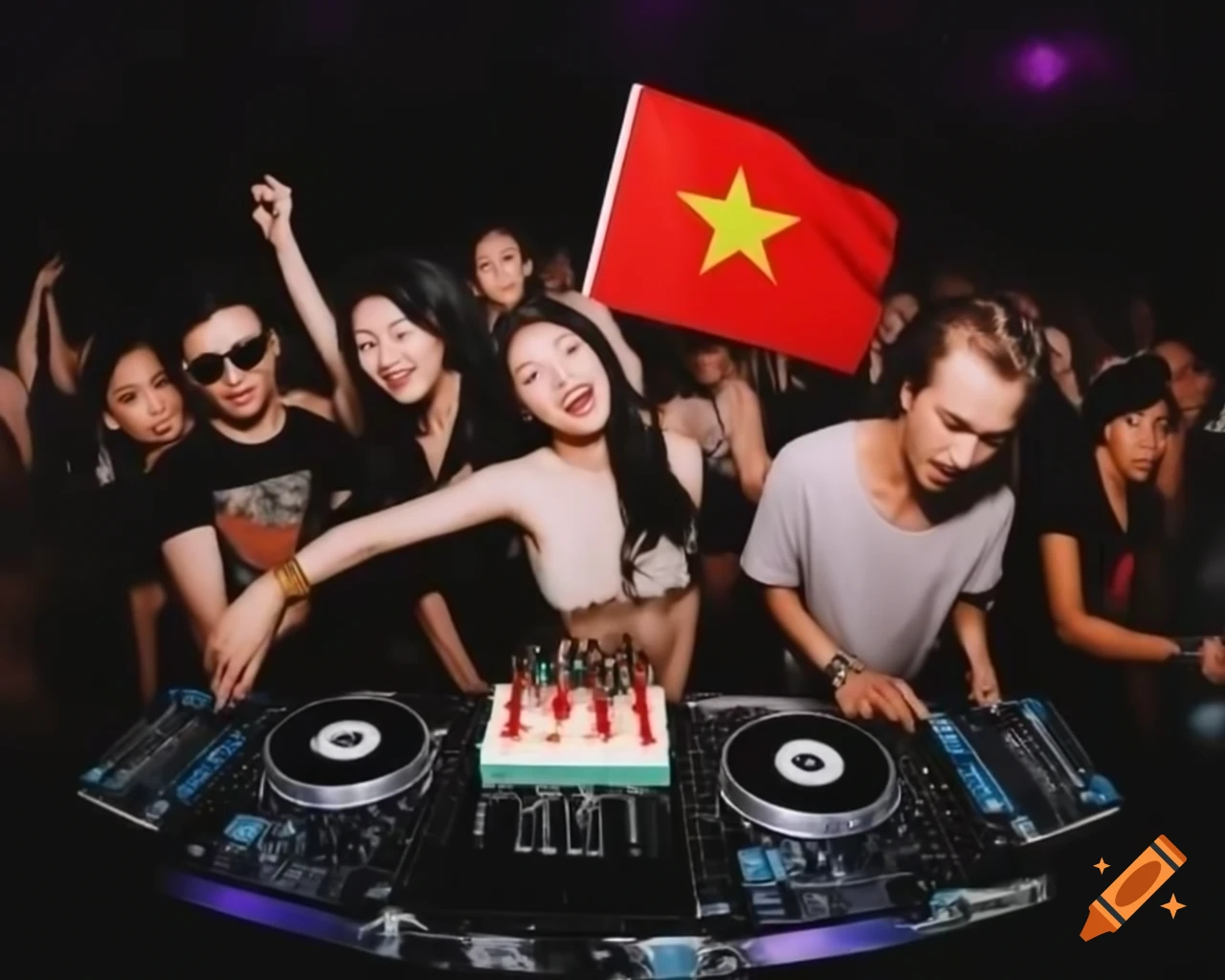Techno rave party with DJ, crowd, Vietnamese flag, and birthday cake in ...